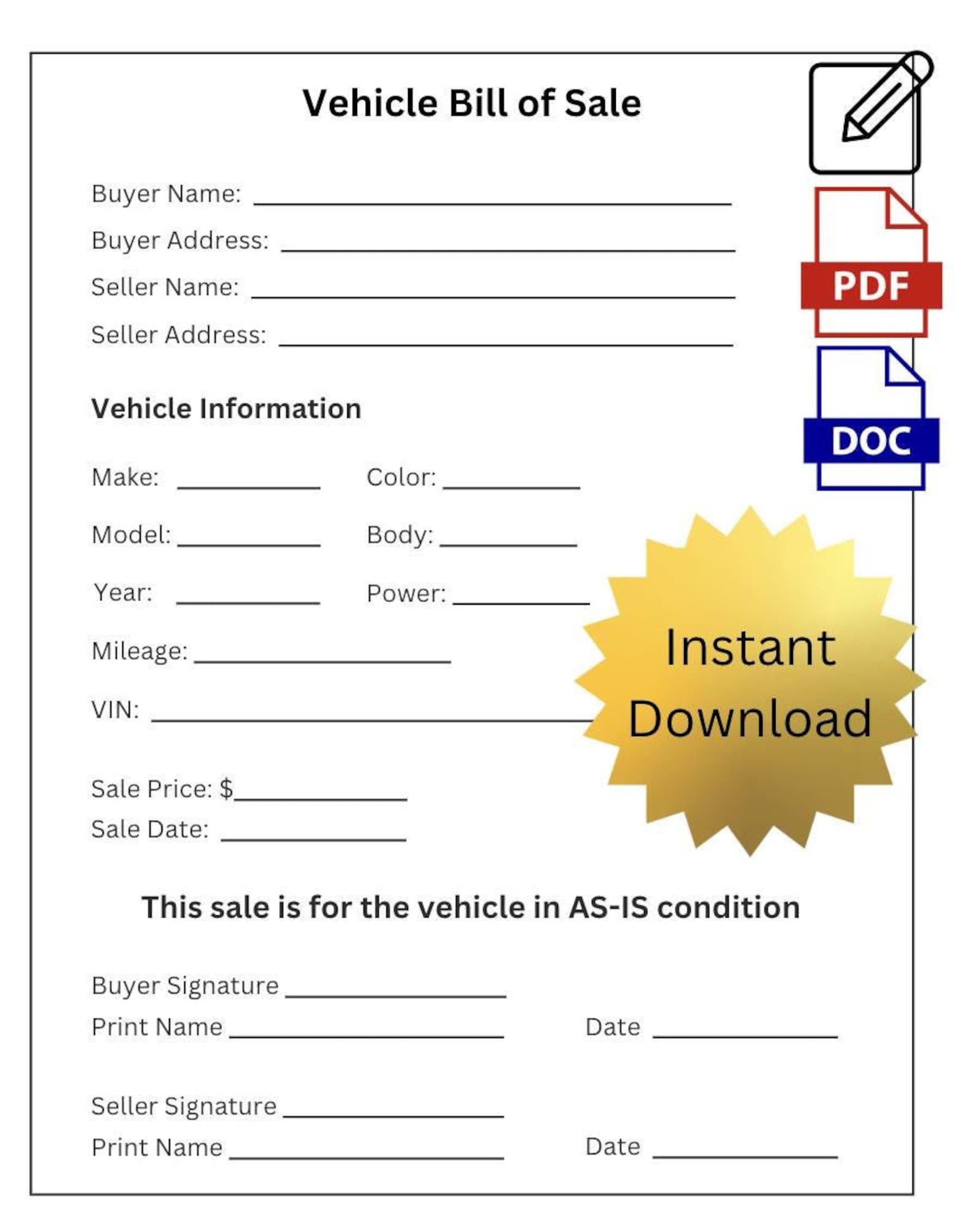 Editable AS IS Vehicle Bill of Sale -- Editable PDF | Editable Word ...