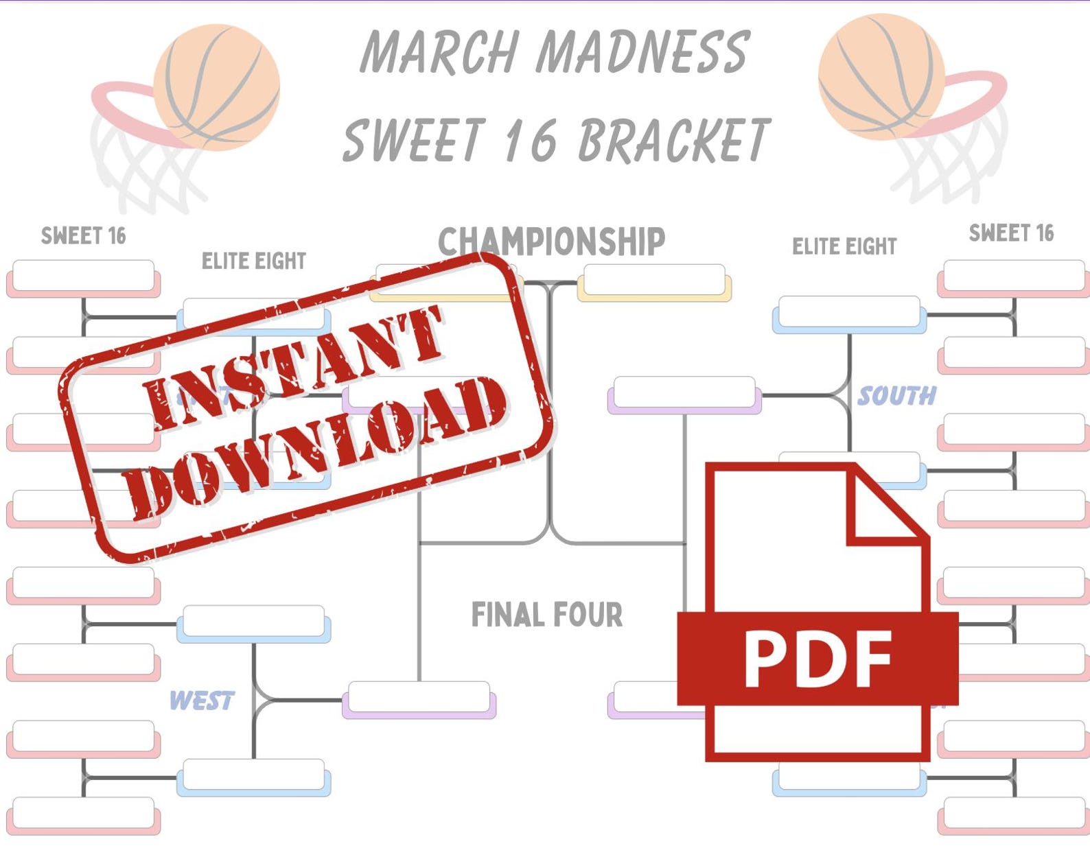 Sweet 16 March Madness Bracket || Printable PDF - Etsy