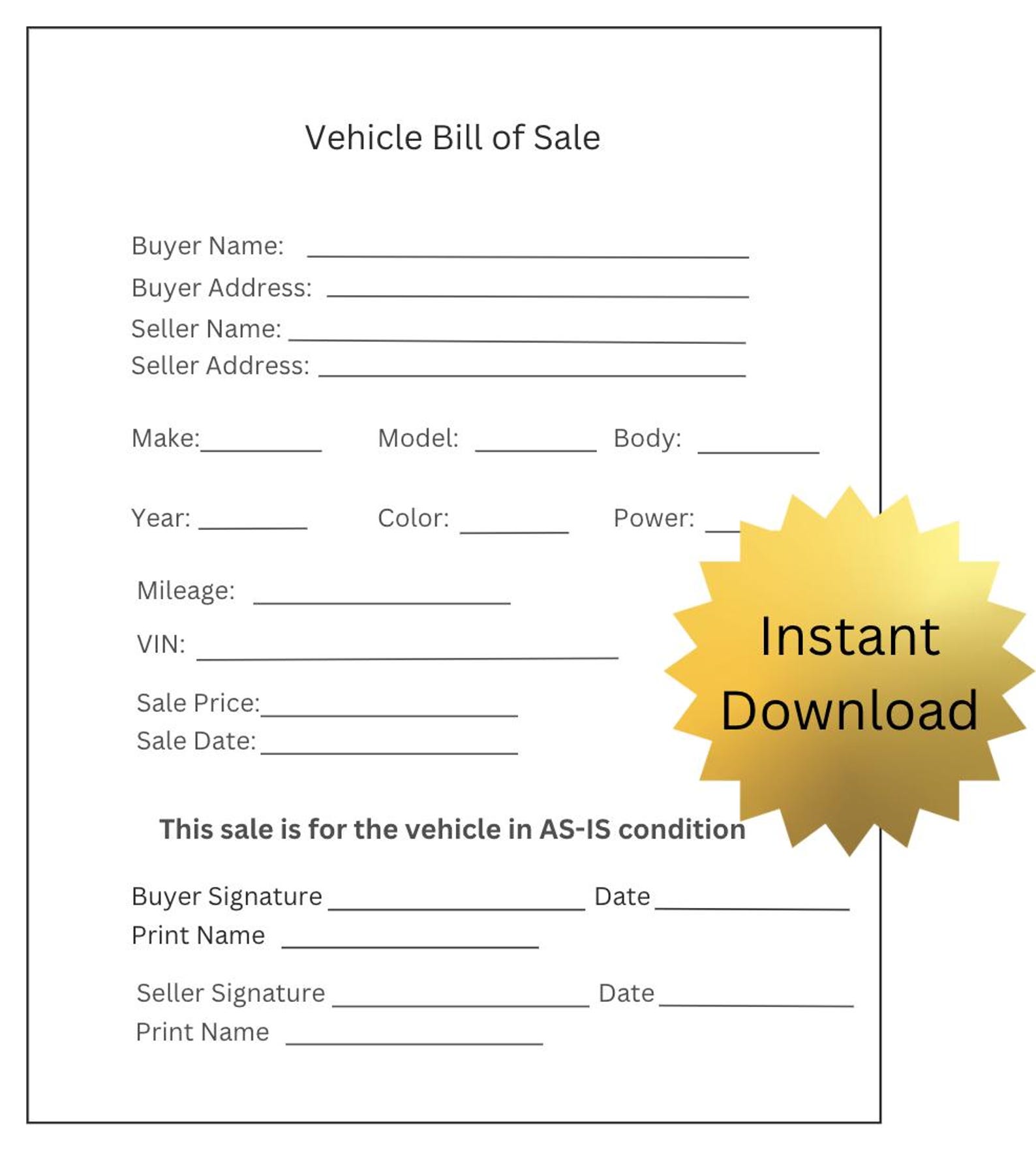 AS IS Vehicle Bill of Sale -- PDF - Etsy