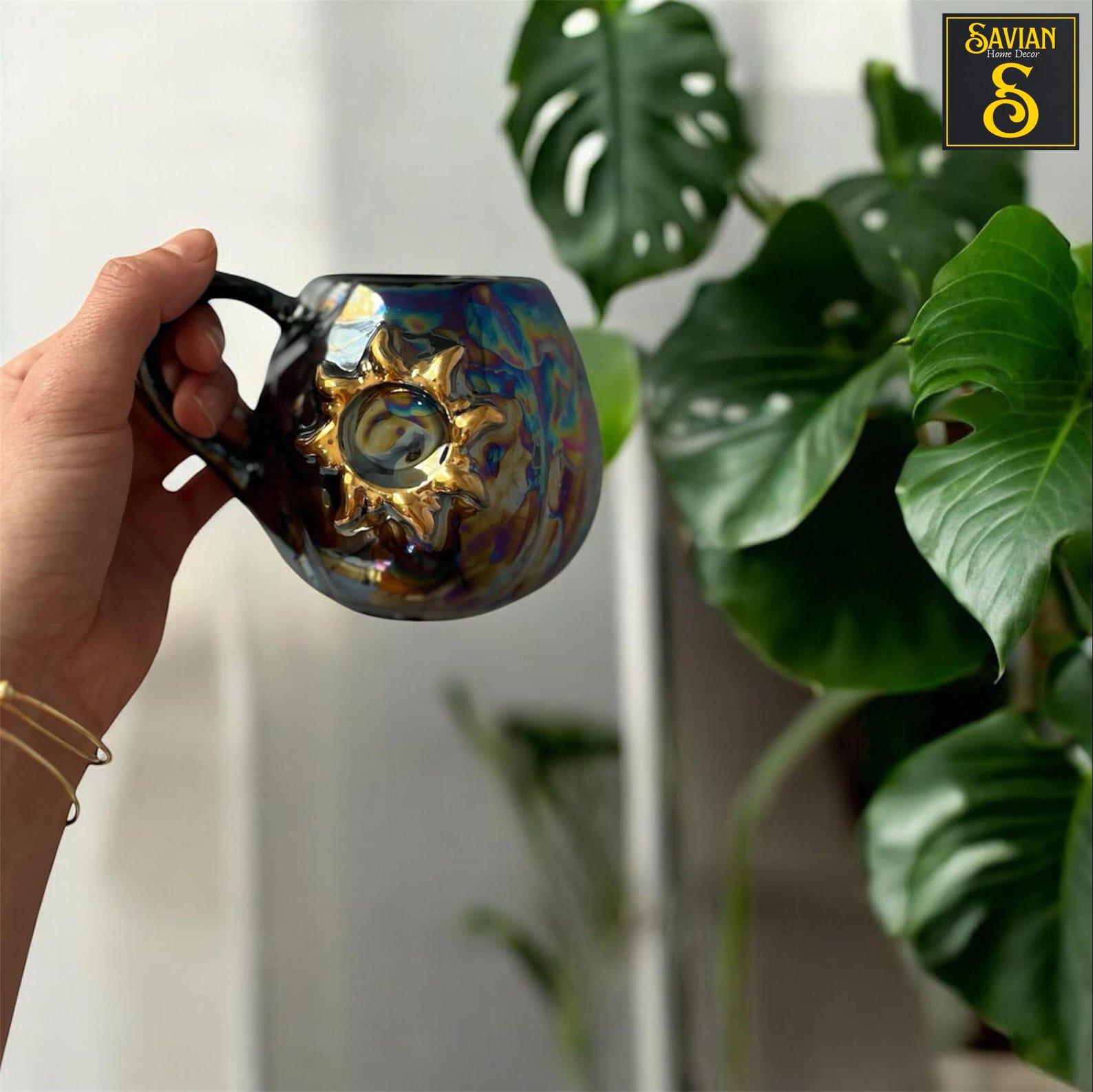 Handmade Ceramic Mug With Sun Design | 24K Gold Painted Coffee Cup ...