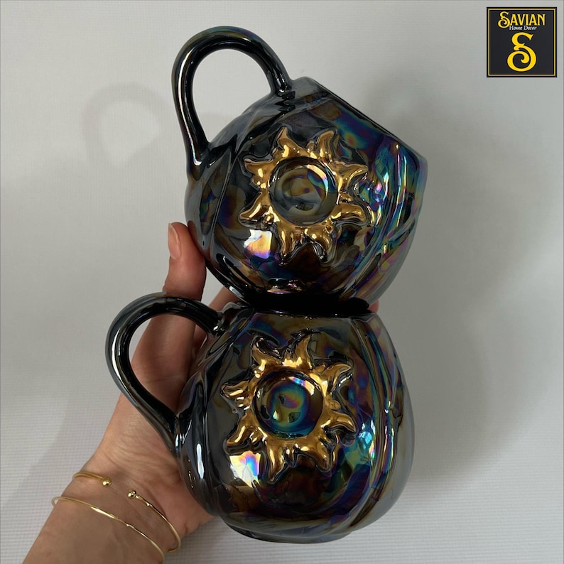 Handmade Ceramic Mug With Sun Design | 24K Gold Painted Coffee Cup ...