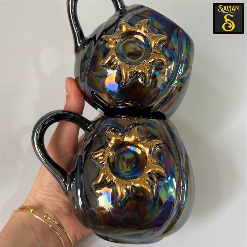 Handmade Ceramic Mug With Sun Design | 24K Gold Painted Coffee Cup ...