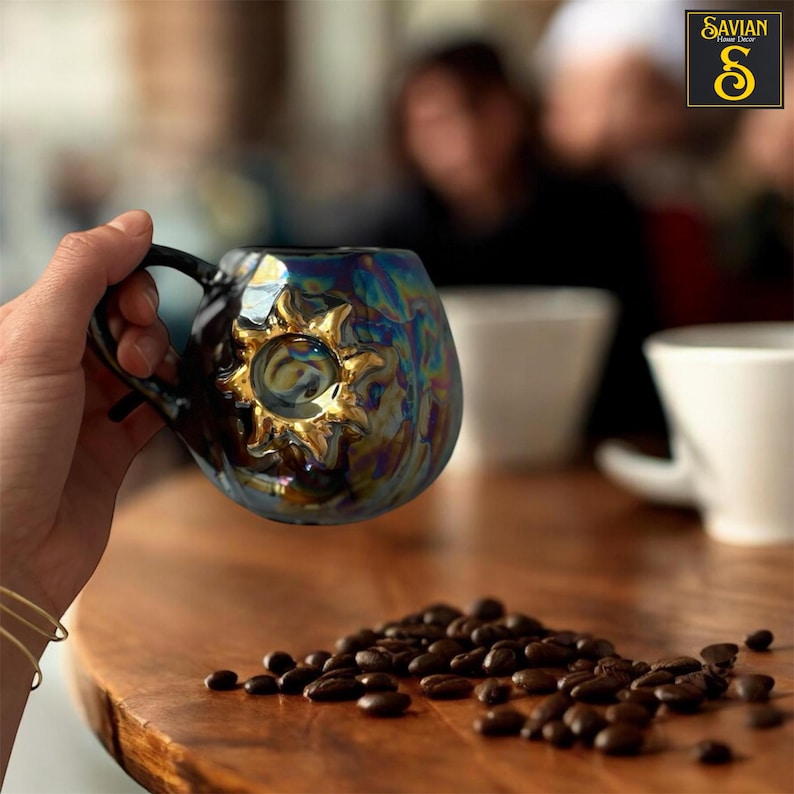 Handmade Ceramic Mug With Sun Design | 24K Gold Painted Coffee Cup ...