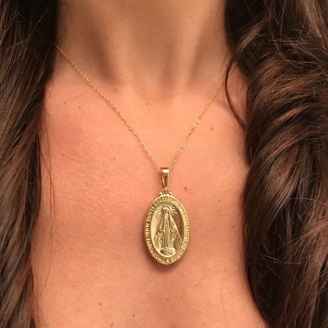 Virgin Mary Necklace, Catholic Necklace, Medallion Necklace, Miraculous ...