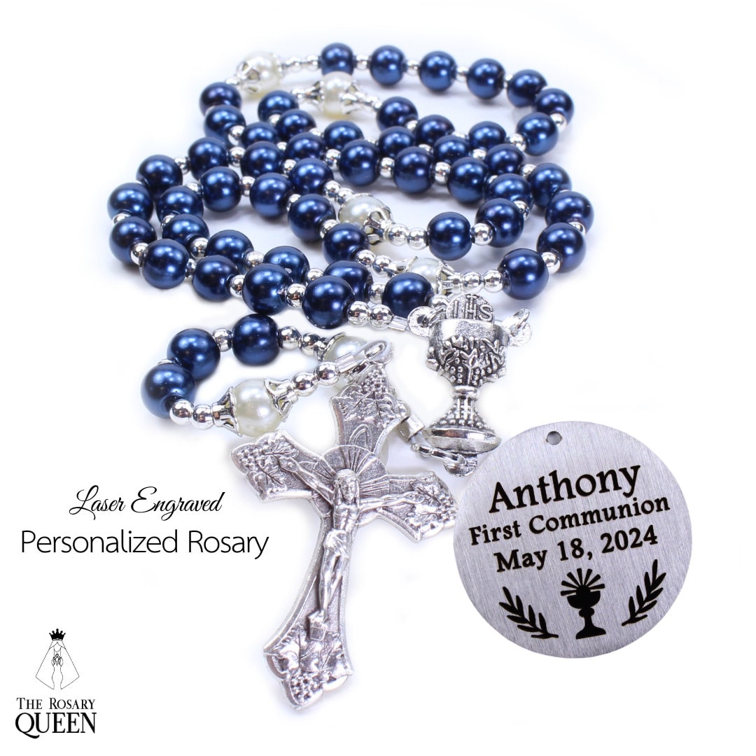 First Communion Rosary | Personalized Engraved Custom Rosary | Navy ...