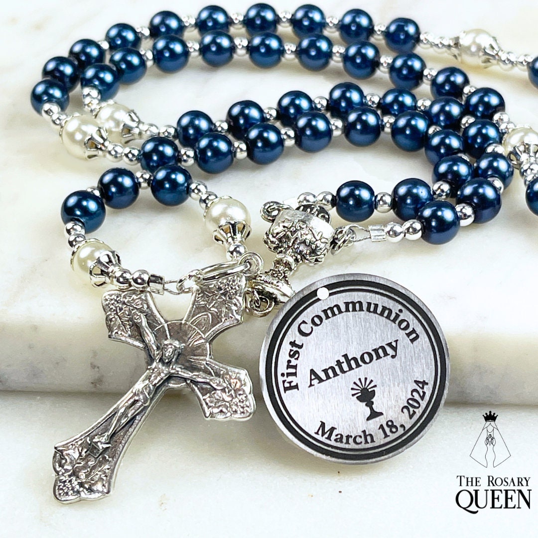 PERSONALIZED Rosary Navy Blue Rosary Pearl Rosary boys First Communion ...
