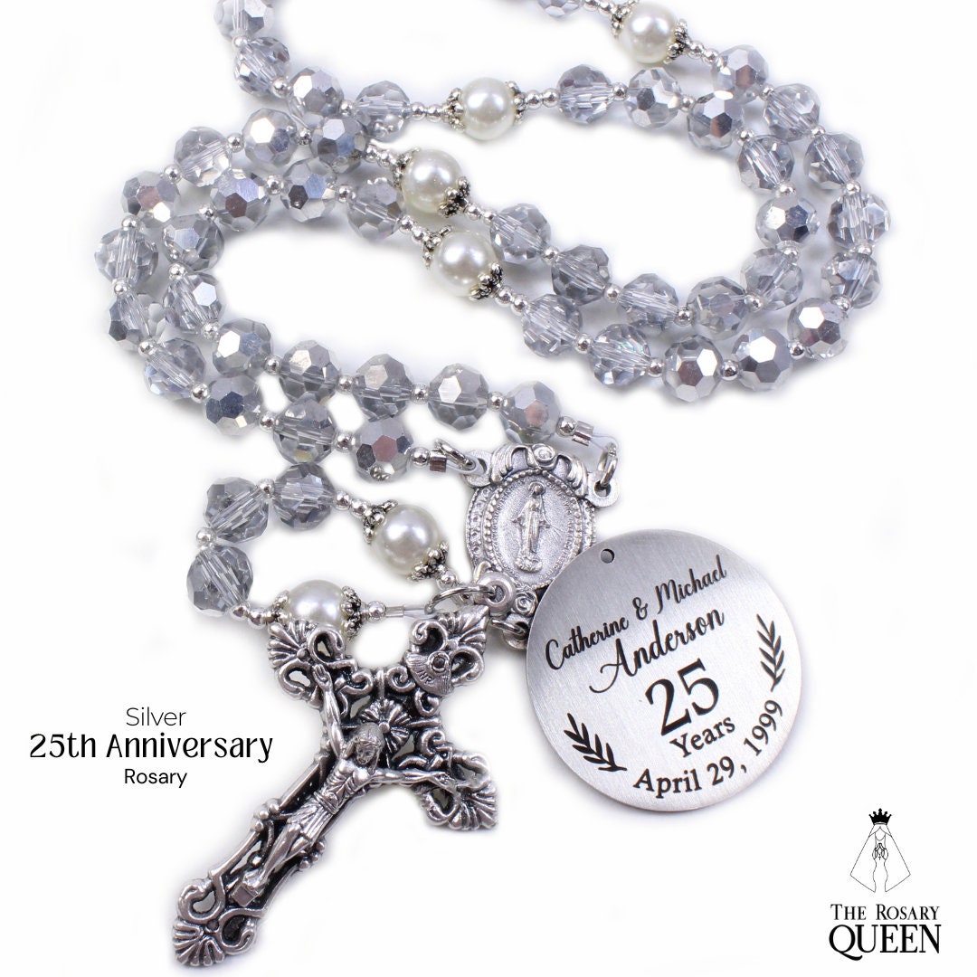Personalized 25th Wedding Anniversary Rosary | Silver Rosary | Crystal ...