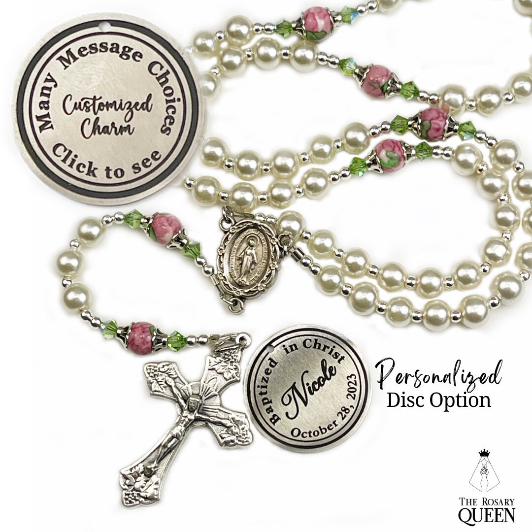 Personalized Baptism Rosary Girl Engraved Custom White Pearls Pink ...