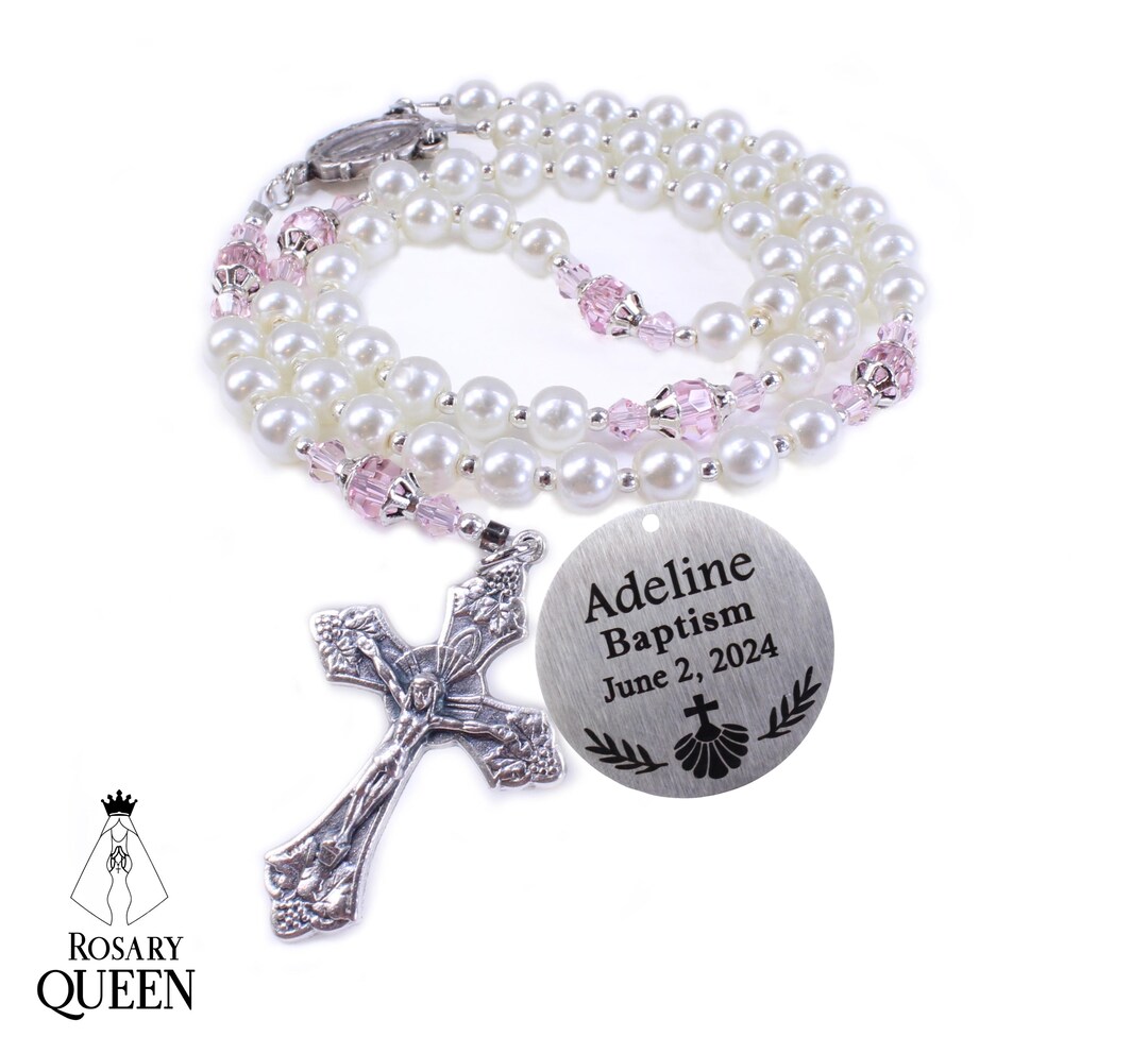 Personalized Baptism Rosary Girl | Engraved Custom | White Pearls ...