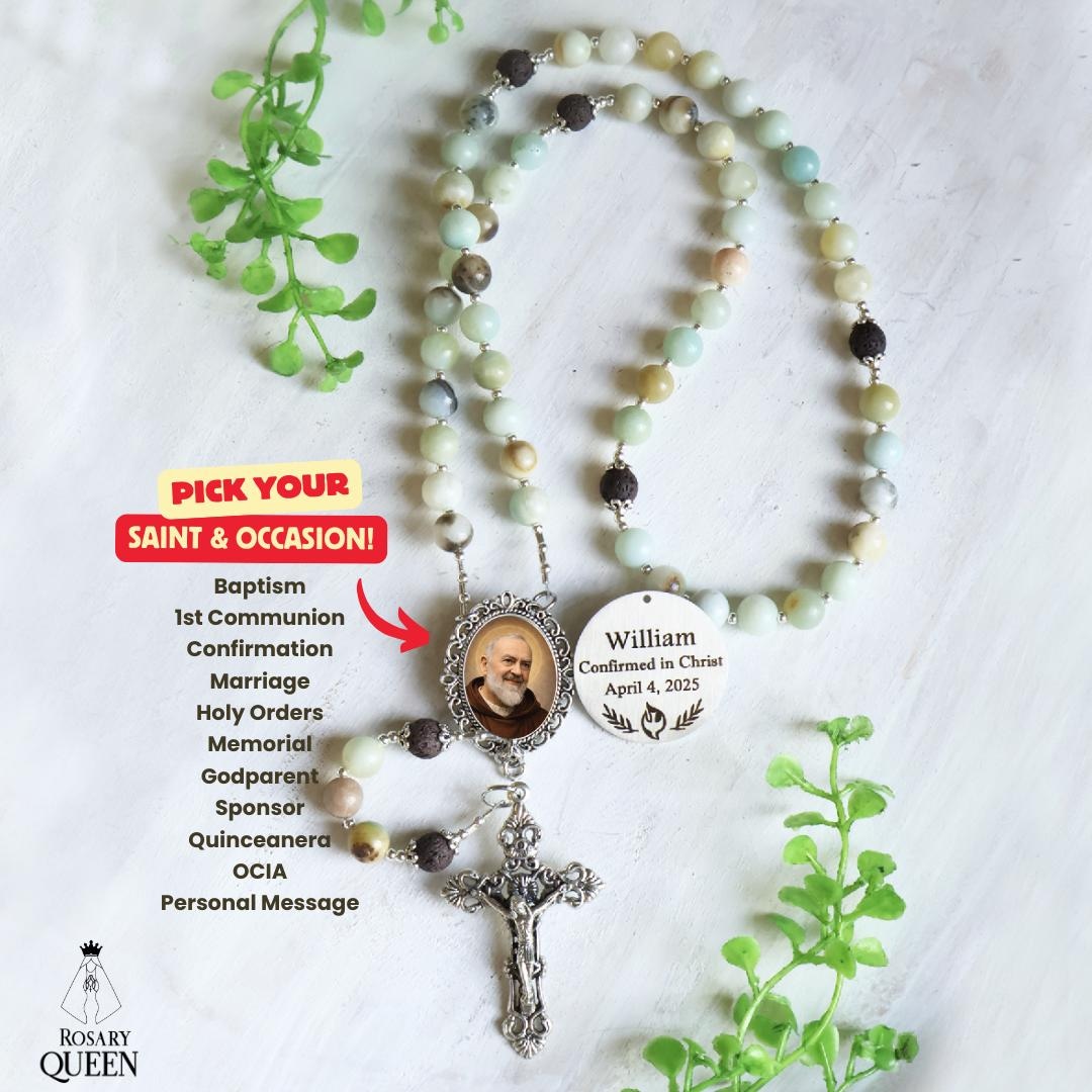 Custom Saint Rosary, Amazonite Gemstone Beads, Engraved Name Charm ...