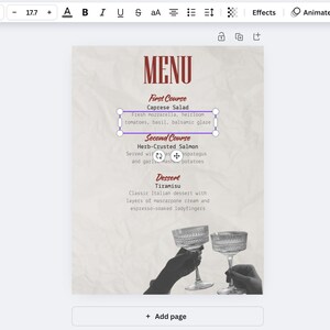 Three-course Menu Template | Editable Wedding Menu | Printable Dinner ...