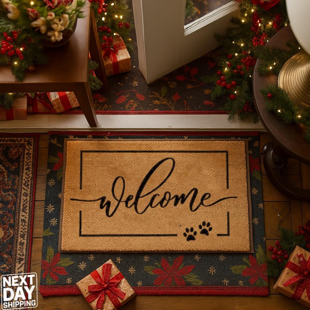 Welcome Paw Prints Doormat Dog Foot Print Puppy Door Mat Perfect Pet ...