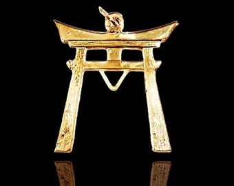 Japanese Torii Gate Necklace in Solid 14k Gold With Black and Red ...