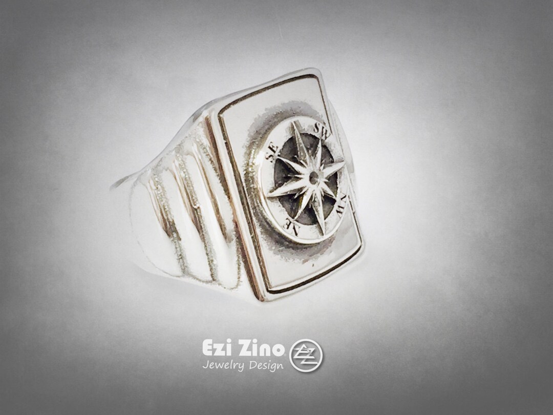 Ezi Zino Mens Compass Shield Signet Solid Sterling Silver 925 New Ring ...