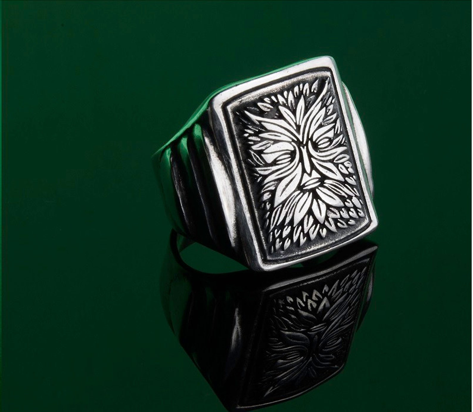Green Man Signet Ring Solid Sterling Silver 925 by EZI ZINO | Etsy