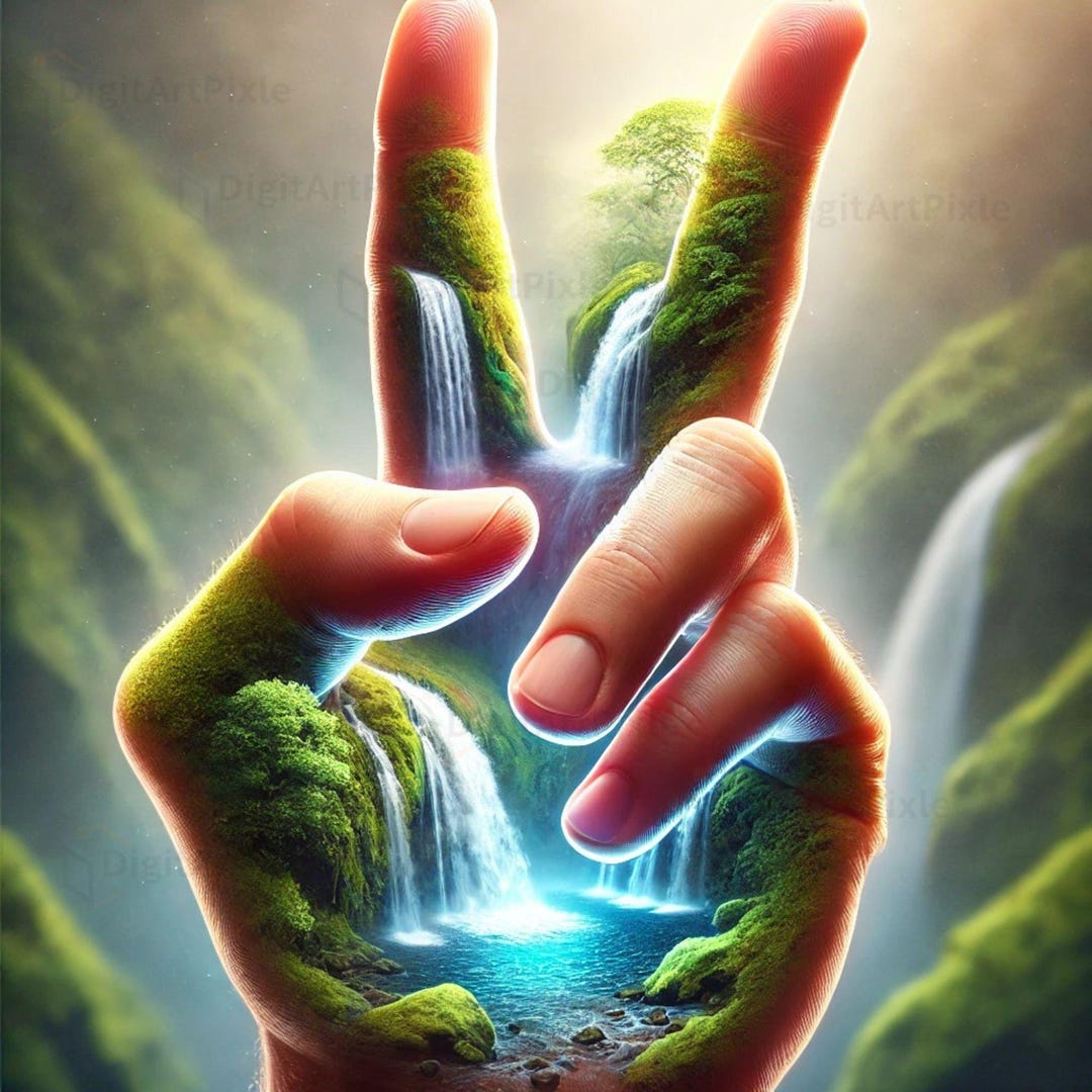 Mystical Peace Sign Digital Art Hand With Waterfall Scene Fantasy ...