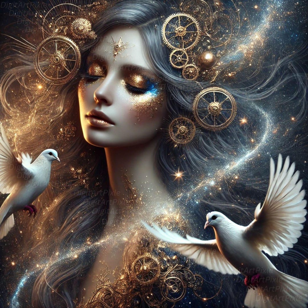 Fantasy Woman With Gold Face Markings & White Doves Mystical Digital ...