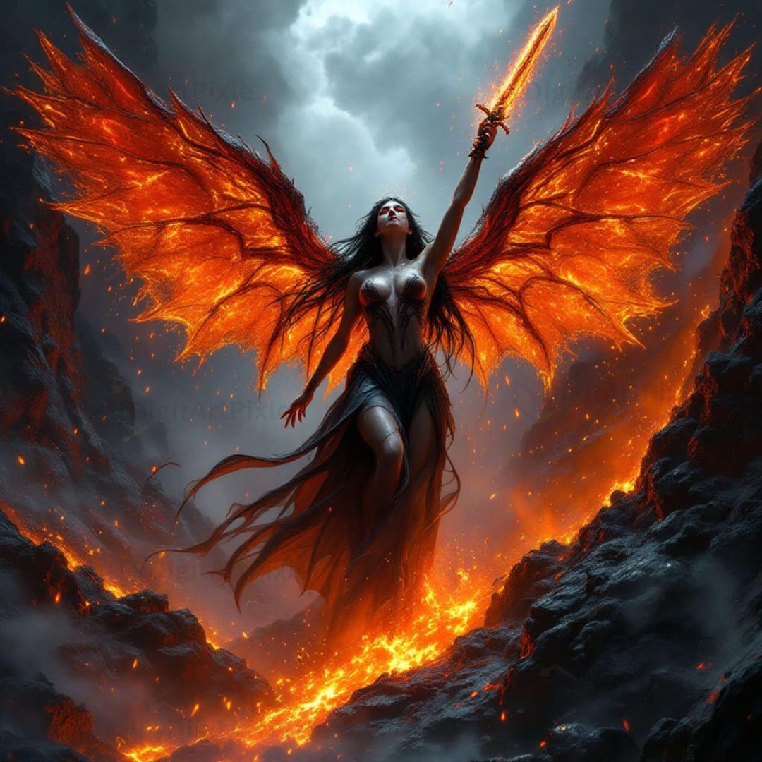 Lava Goddess Wall Art – Fiery Wings Enchanted Blade Ember Born Fantasy ...