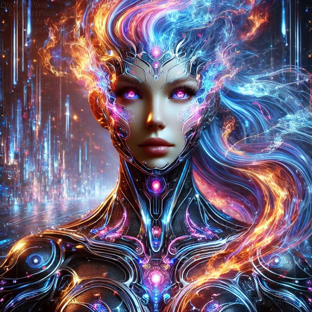 Elemental Woman Digital Art Fire Ice and Lightning Energy Portrait ...