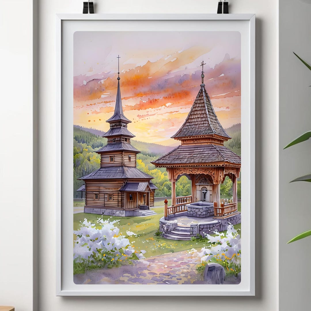 Wooden Church Print: Watercolor Romanian Village, Rustic Landscape ...