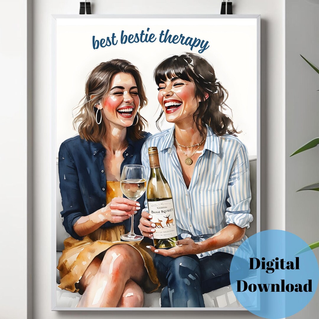Best Friends Therapy Printable, Fun Wine Night Wall Art, Friendship ...