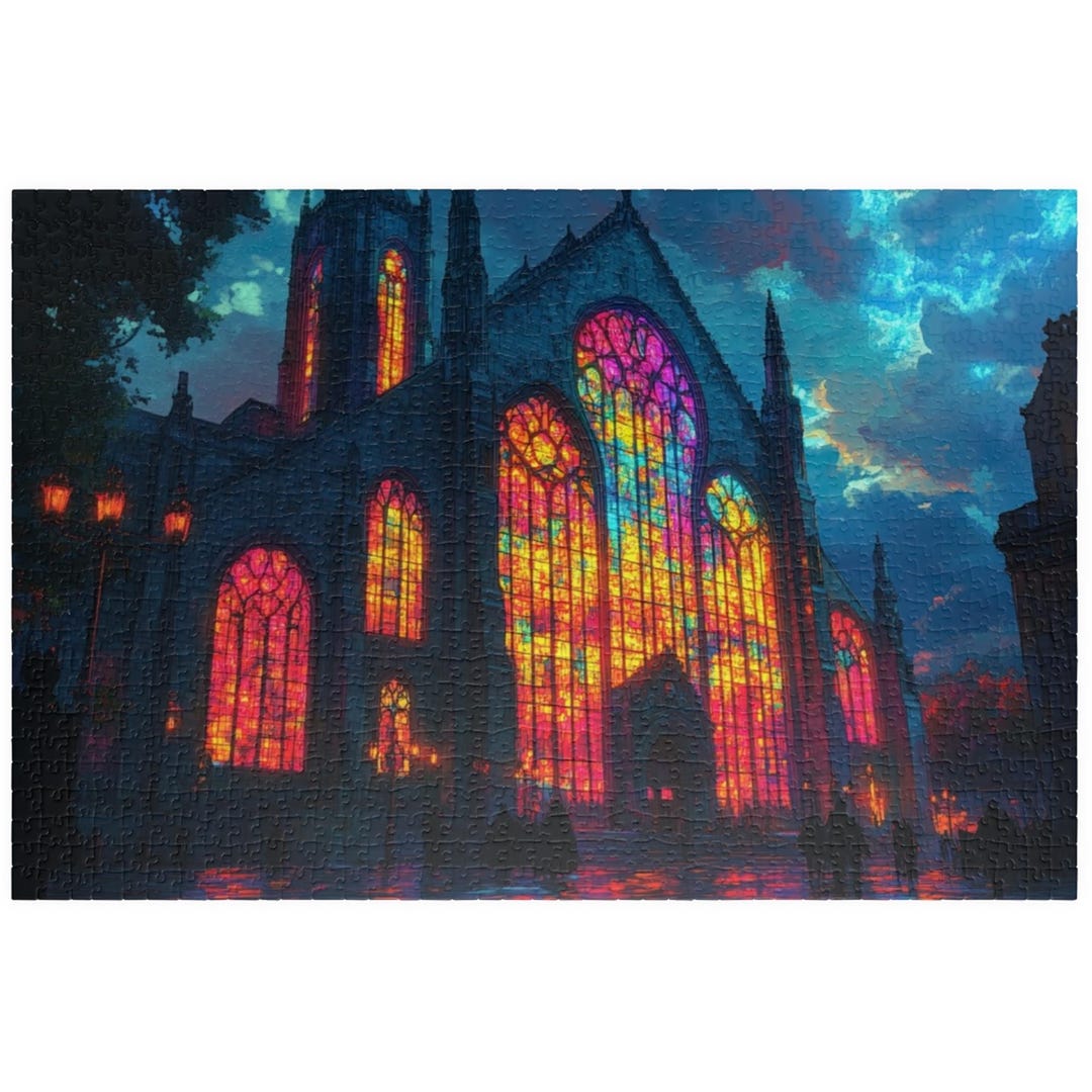 Gothic Cathedral Puzzle Stained Glass Night Scene, Vibrant Colors ...