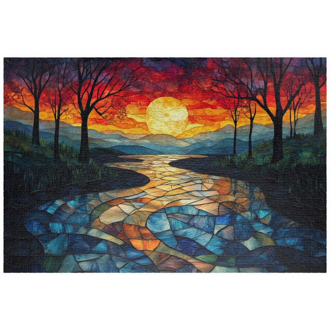 Stained Glass River Jigsaw Puzzle - Winding Pathway Leading Into Sunset ...