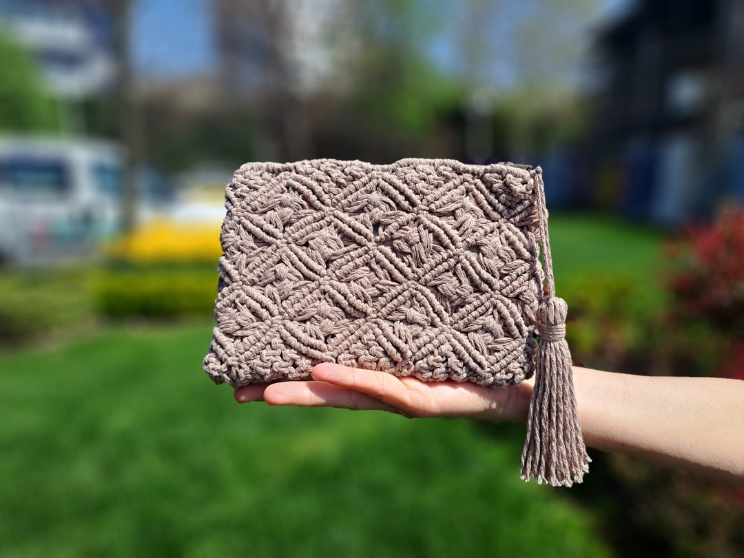 Tan Beige Macrame Clutch Bag, Macrame Bag, Macramé Tassel Clutch, Coin ...