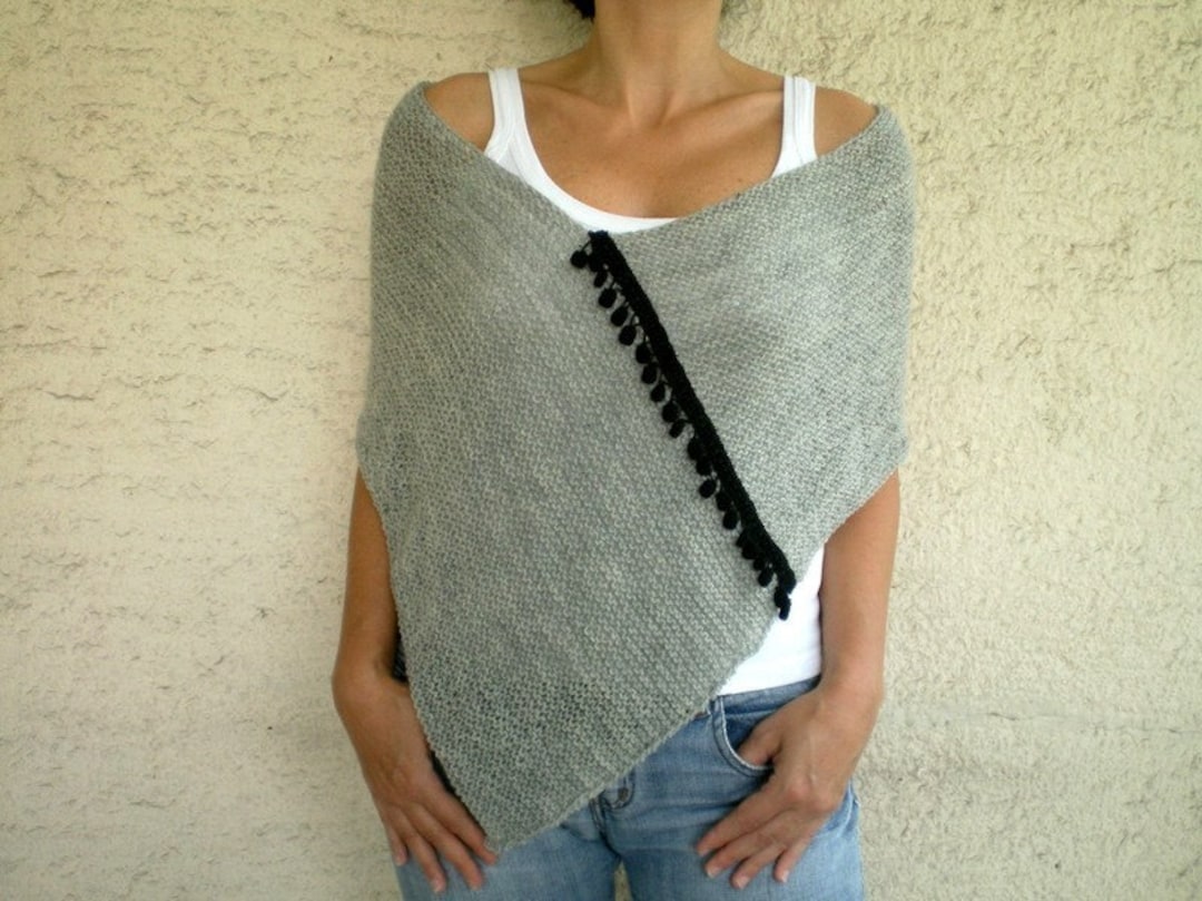 Gray Poncho, Gray Shawl, Knit Poncho With Pom Pom Fringe, Winter ...