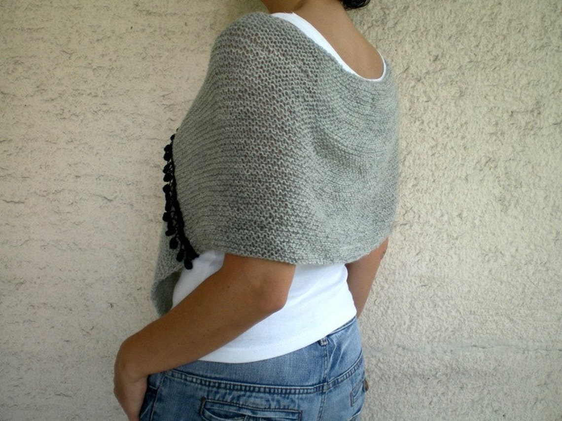 Gray Poncho, Gray Shawl, Knit Poncho With Pom Pom Fringe, Winter ...