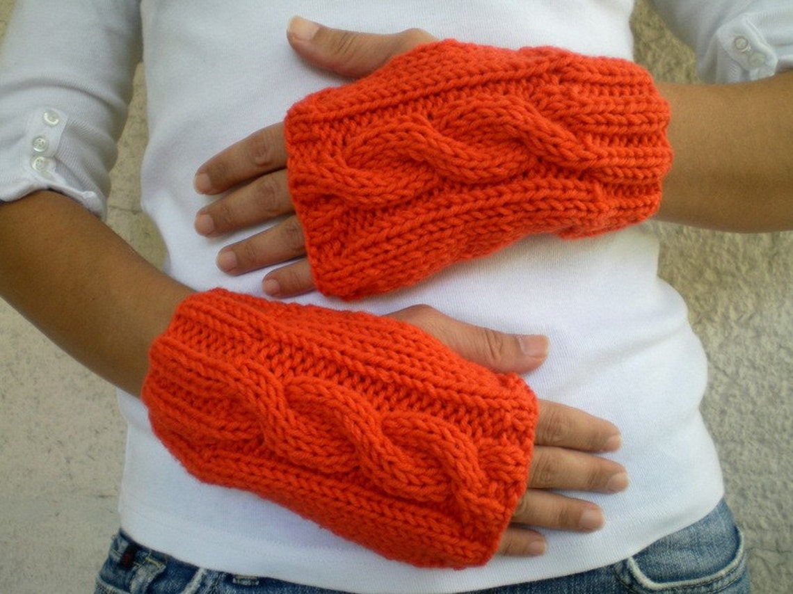 Orange Fingerless Gloves Knit Gloves Cable Knit-braided - Etsy
