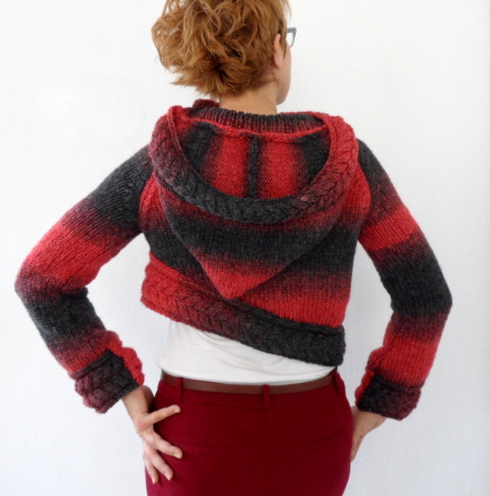 Hand Knitted Sweater With Hoodie Women Sweater Red Gray - Etsy