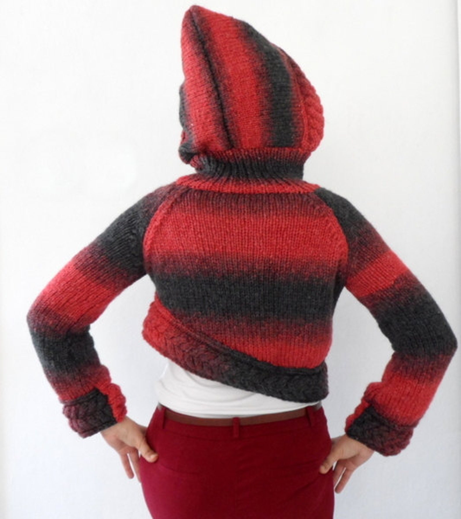 Hand Knitted Sweater With Hoodie Women Sweater Red Gray - Etsy