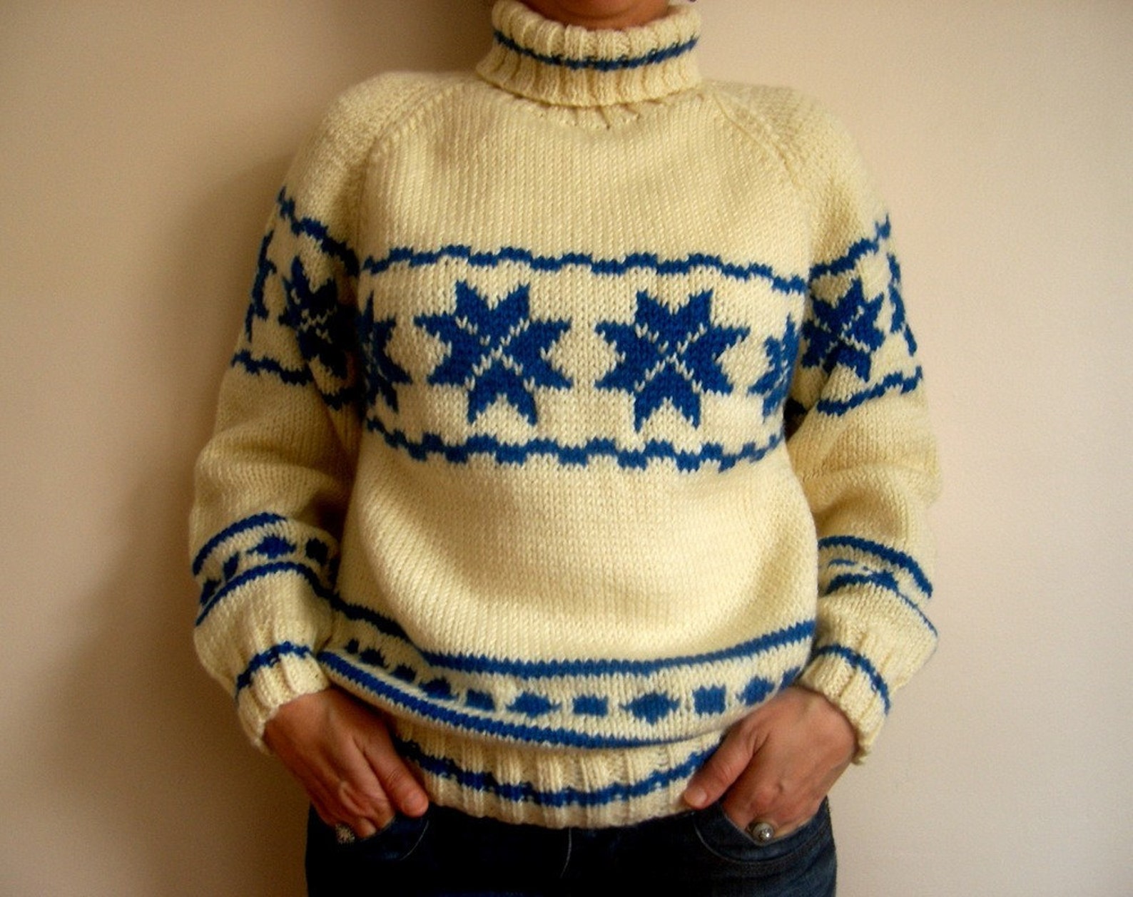 Hand Knitted Sweater, Wool Sweater With Snowflake, Woman Knit Sweater ...