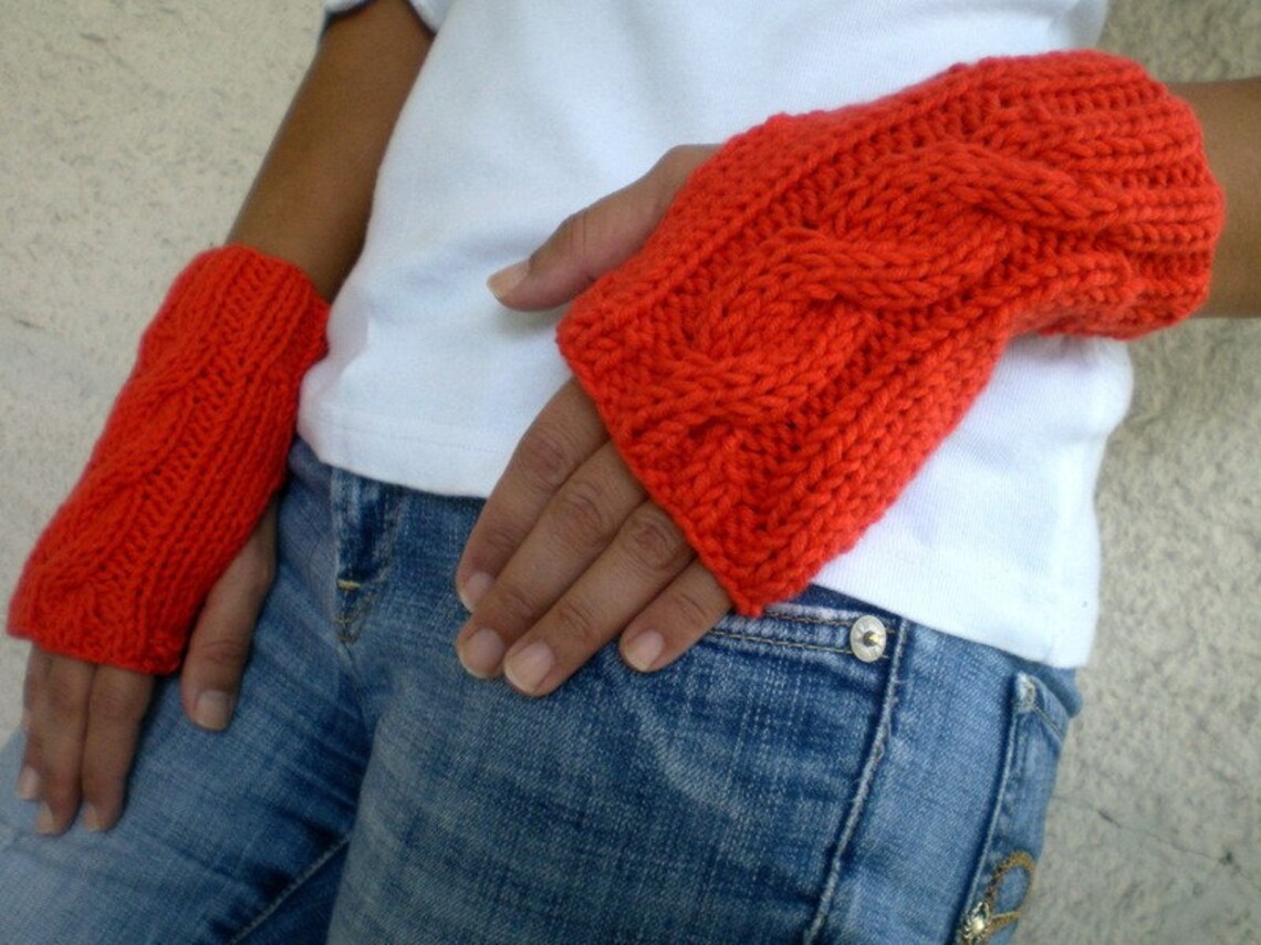 Orange Fingerless Gloves Knit Gloves Cable Knit-braided - Etsy