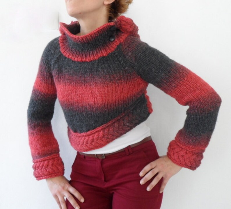 Hand Knitted Sweater With Hoodie Women Sweater Red Gray - Etsy