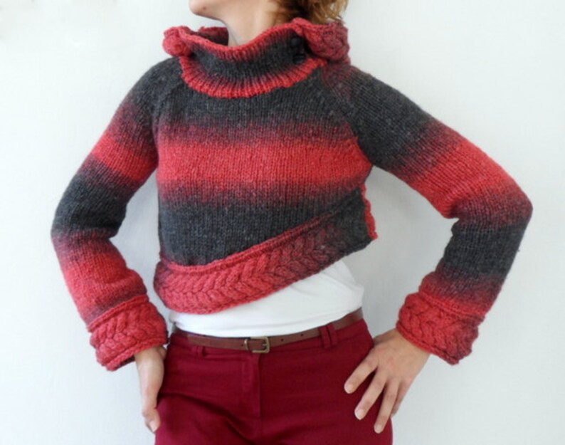Hand Knitted Sweater With Hoodie Women Sweater Red Gray - Etsy