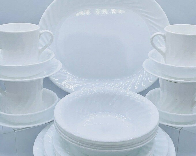 Corelle Enhancements White Swirl 29 Piece Dinner Set Serves 4 W/corning ...