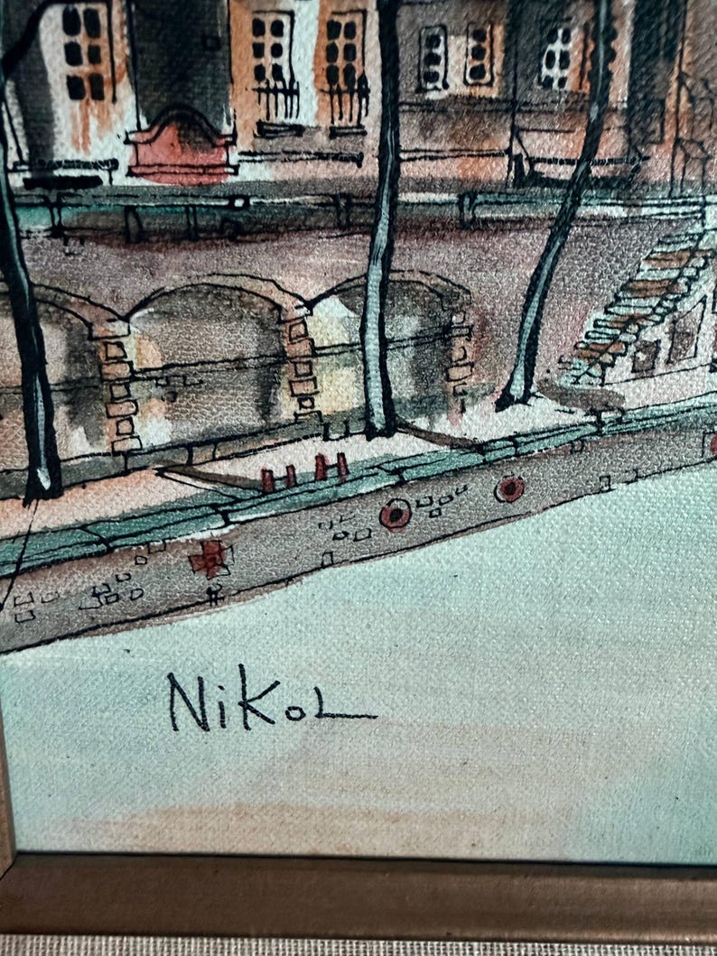 Vintage Paris Painting Eiffel Tower Signed Nikol Framed Canvas Parisian ...