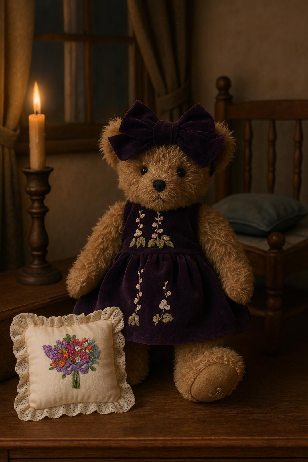 Collectible Teddy Bear – AMC Creations "lynette", Purple Velvet Dress ...