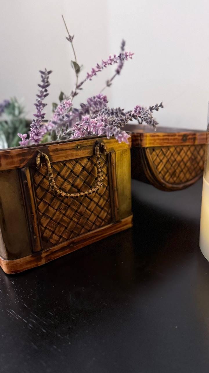 Vintage Wooden Treasure Chest Box With Brass Corners, Woven Design ...