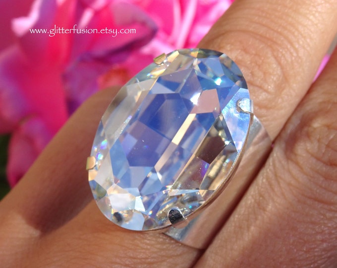 Crystal Moonlight Swarovski Crystal Oval Statement Ring, Huge Clear ...