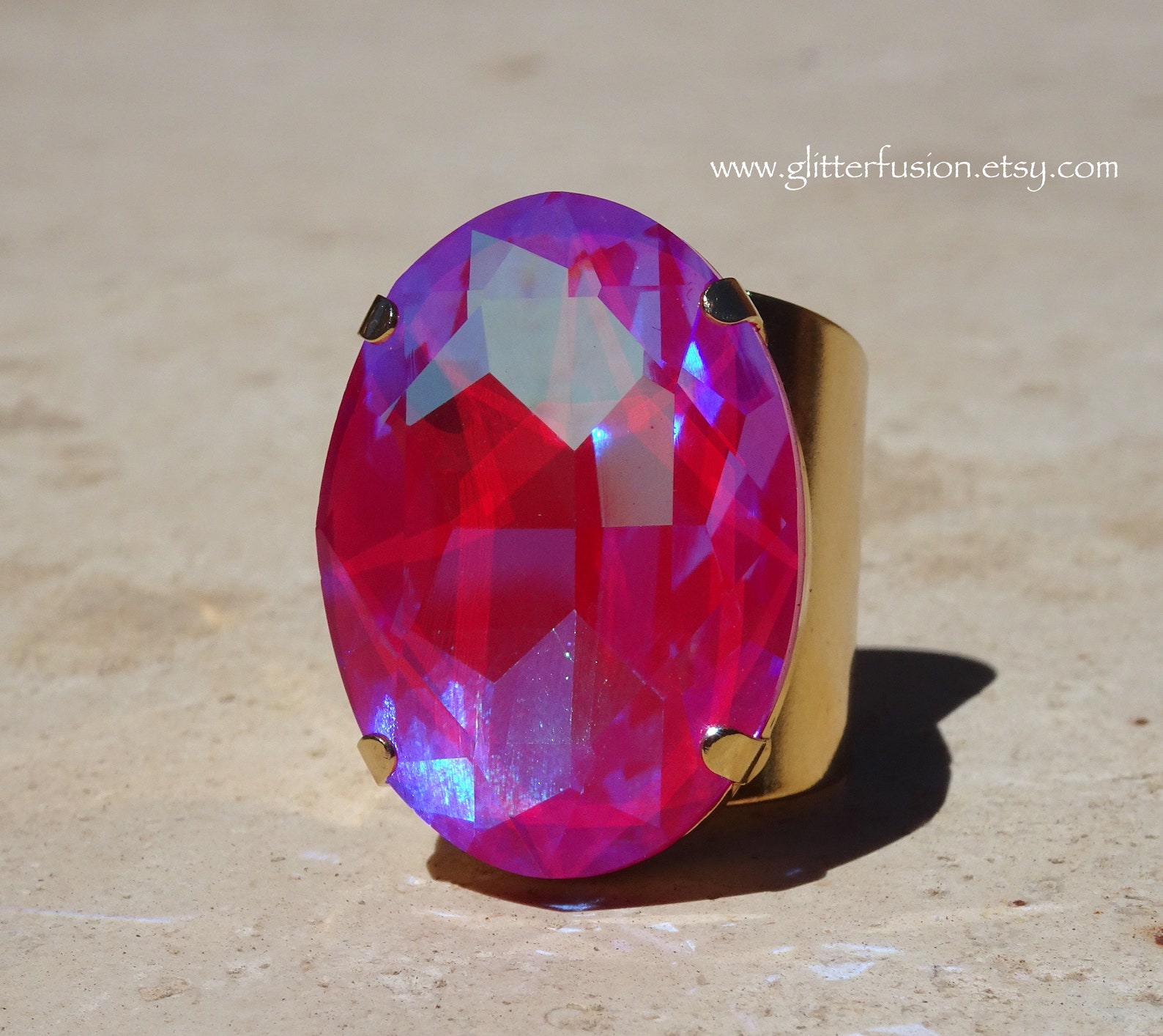 Lotus Pink Delite Czech Crystal Oval Statement Ring Huge Pink - Etsy