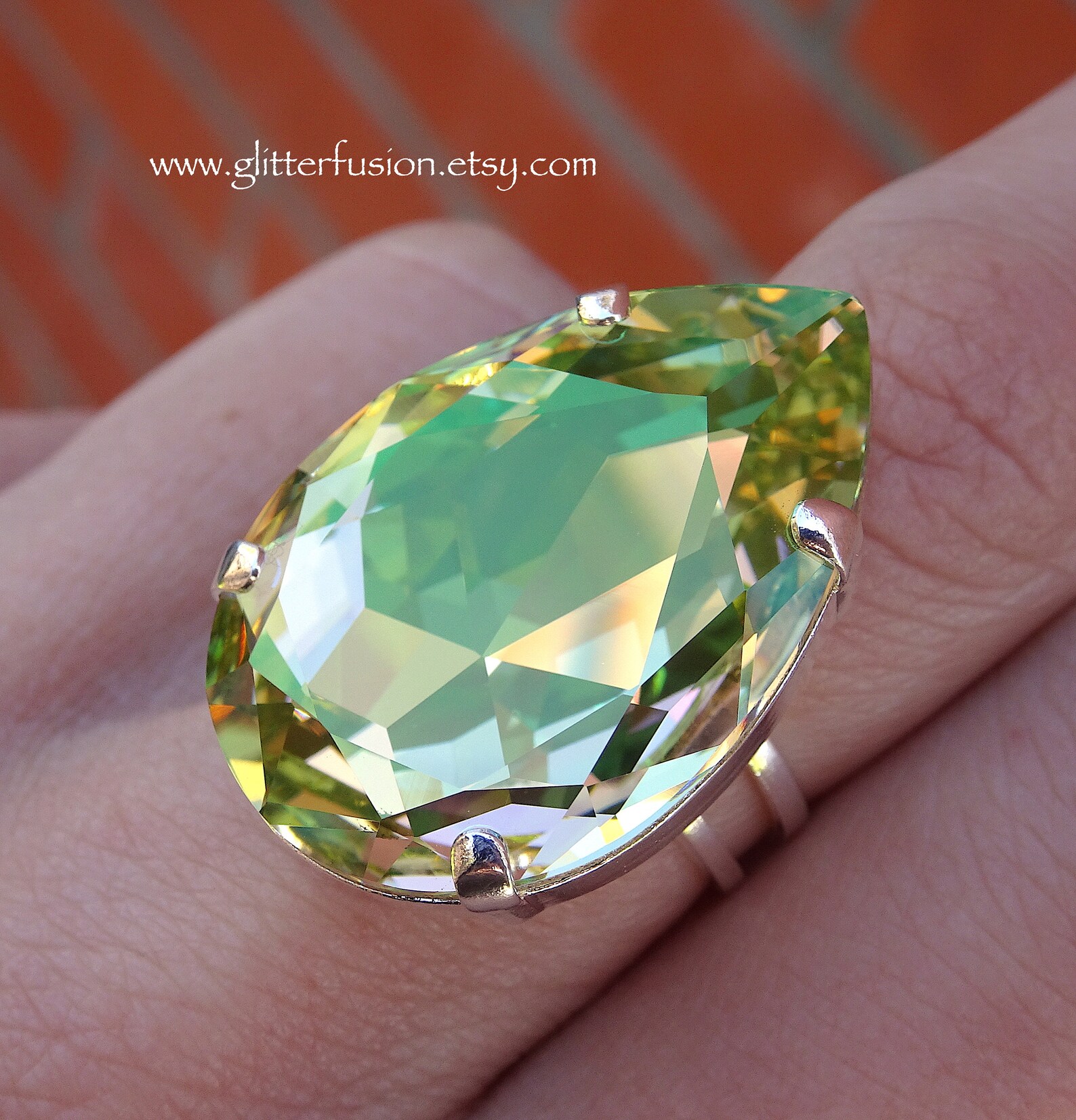 Luminous Green Swarovski Crystal Pear Statement Ring Huge | Etsy