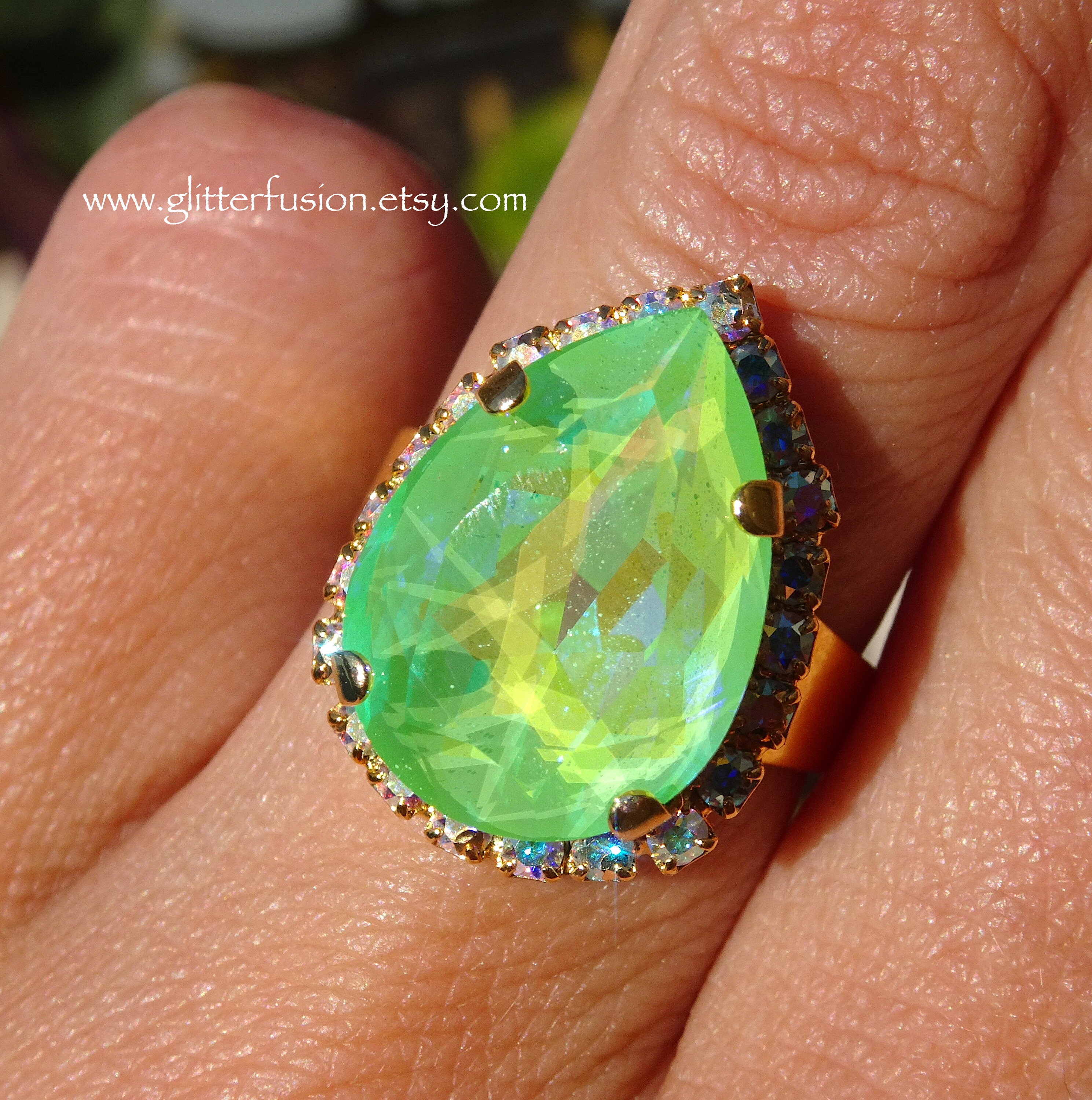 Ultra Lime AB Swarovski Pear Shaped Crystal AB Halo Statement Ring Bright Neon Iridescent Lime Green Crystal Gold Ring Glitter Fusion Ring