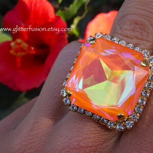 Ultra Orange AB Swarovski Crystal Gold Wide Band Ring, Big Bright ...