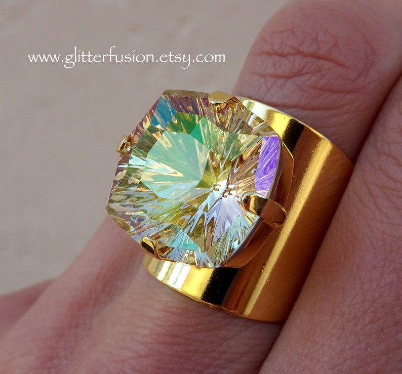Luminous Green Swarovski Mystic Square Crystal Ring Big 18mm - Etsy