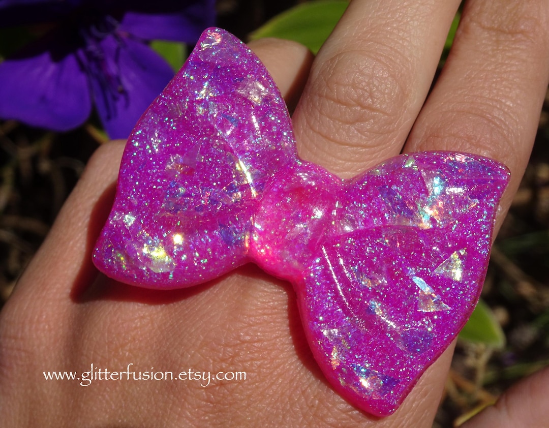 Hot Pink Opalescent Glitter Resin Bowtie Statement Ring, Barbie Party ...