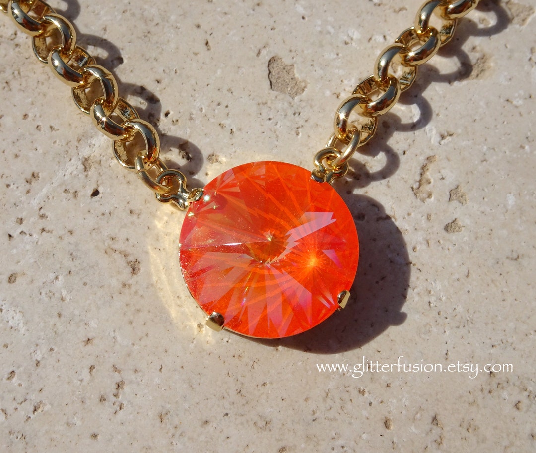 Ultra Orange AB Swarovski Crystal Statement Necklace, Neon Orange Gold ...