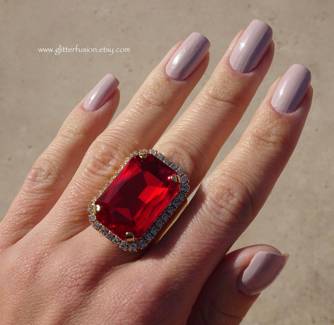 Light Siam Rectangle Czech Crystal Statement Ring, Big Bright Red ...
